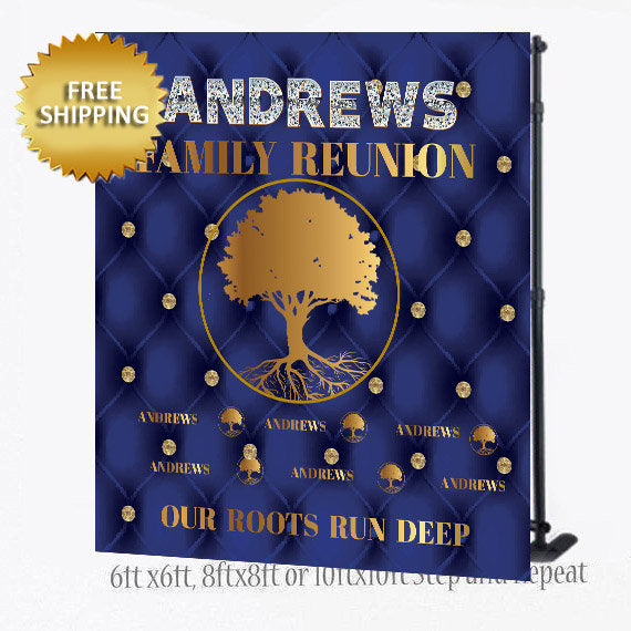 Custom Blue and Gold Family Reunion Step and repeat backdrop – Dream ...